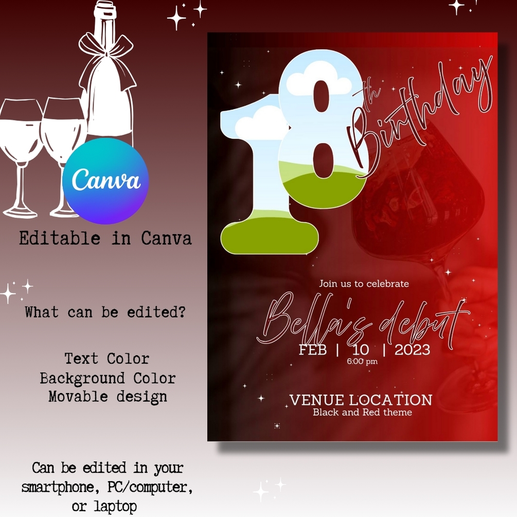 Modern 18th Debut Birthday Invitation Template for lady | Classy Wine Aesthetic Theme | Editable ...