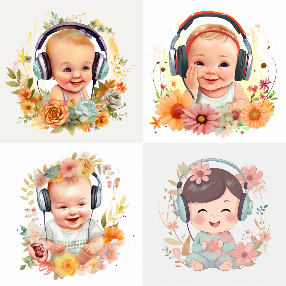 Bundle Baby listening to music flowers art PNG watercolor design