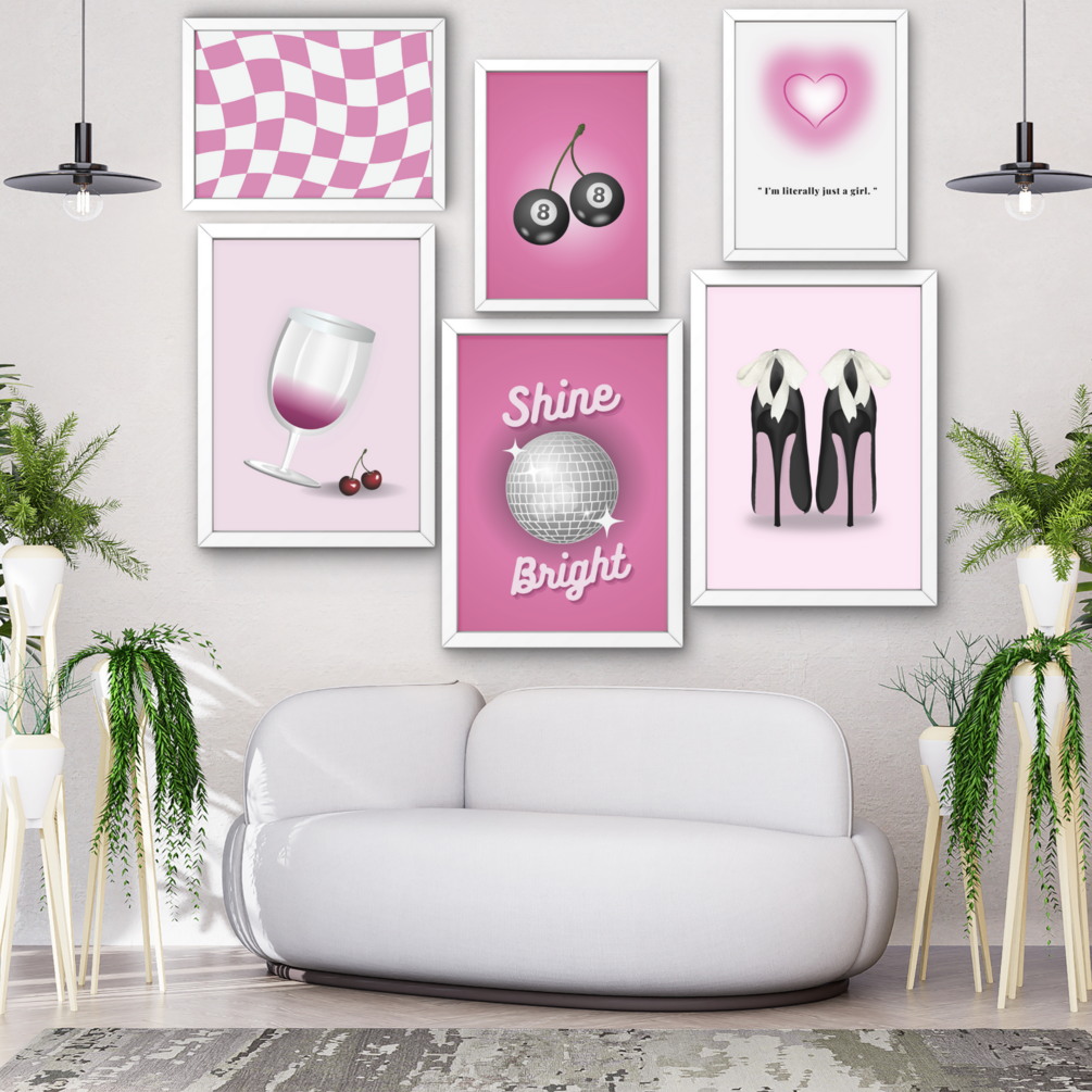 Set Of 6 Preppy Hot Pink Digital Prints For Girls Room