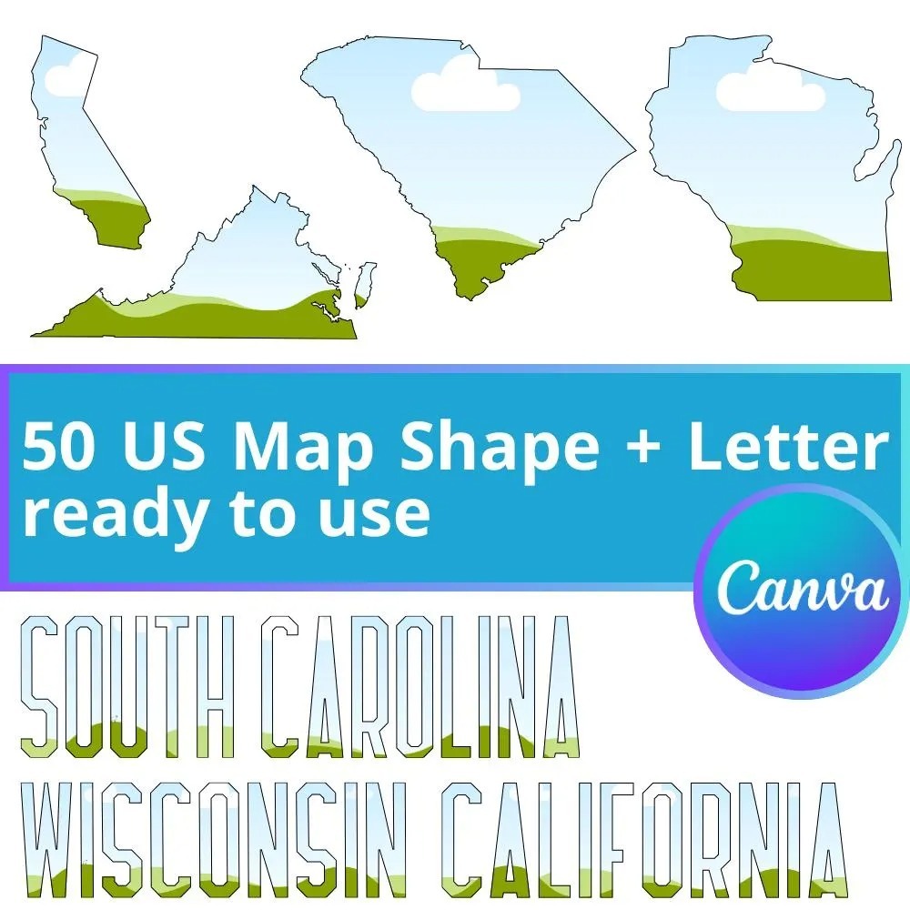 50 USA States maps for fill your own images in Canva frames