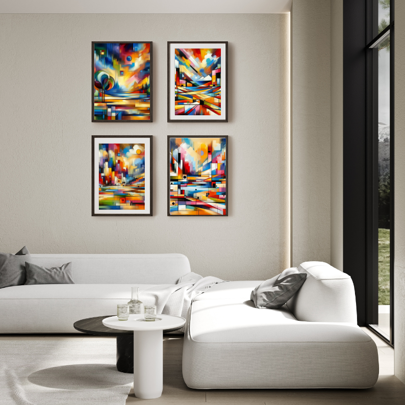 Set of 4, Vibrant Abstract Wall Art, Digital Print, Geometric Decor ...