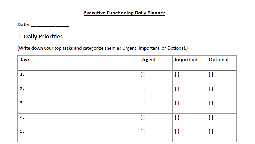 Executive Functioning Planner
