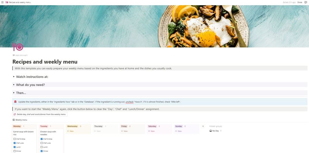 Plantilla de Notion Recetas y Menú semanal
