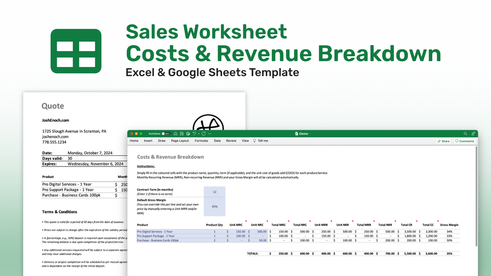 Sales Worksheet - Gross Margin Calculator and Quote Template