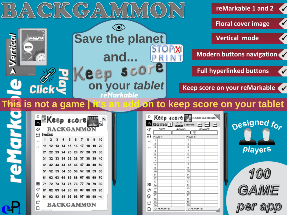 Keep Score Backgammon Game |Designed for reMarkable|100 Hyperlinked ...