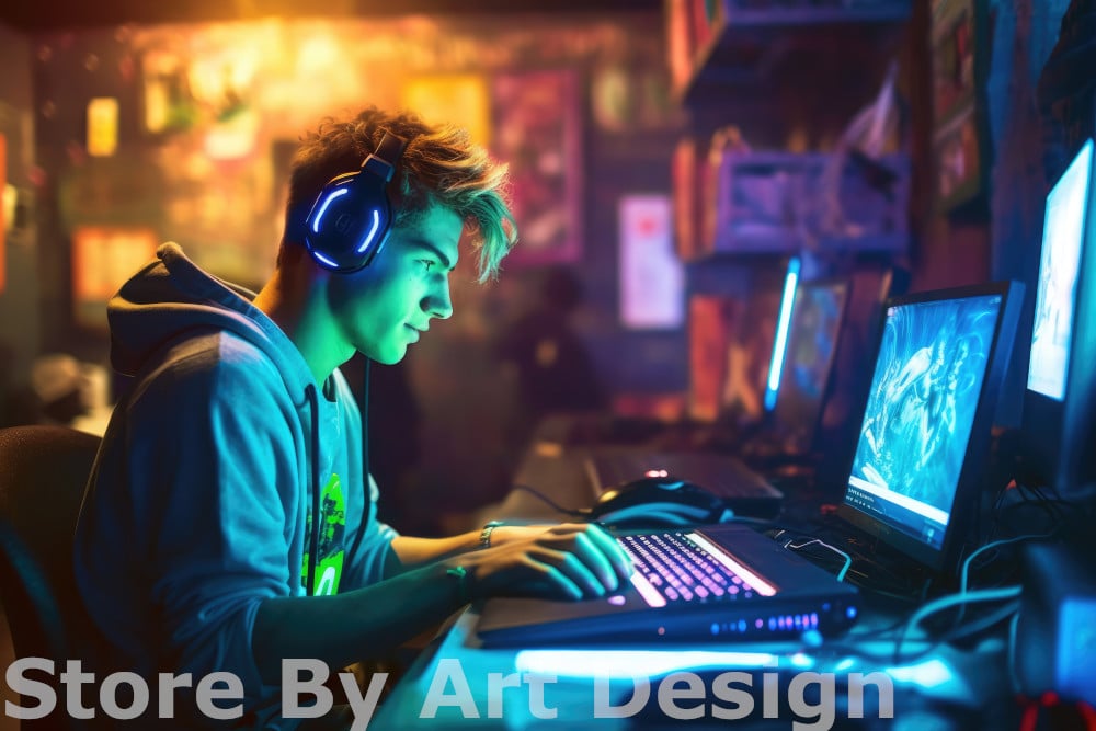 Gamer dude using a laptop - 2 images