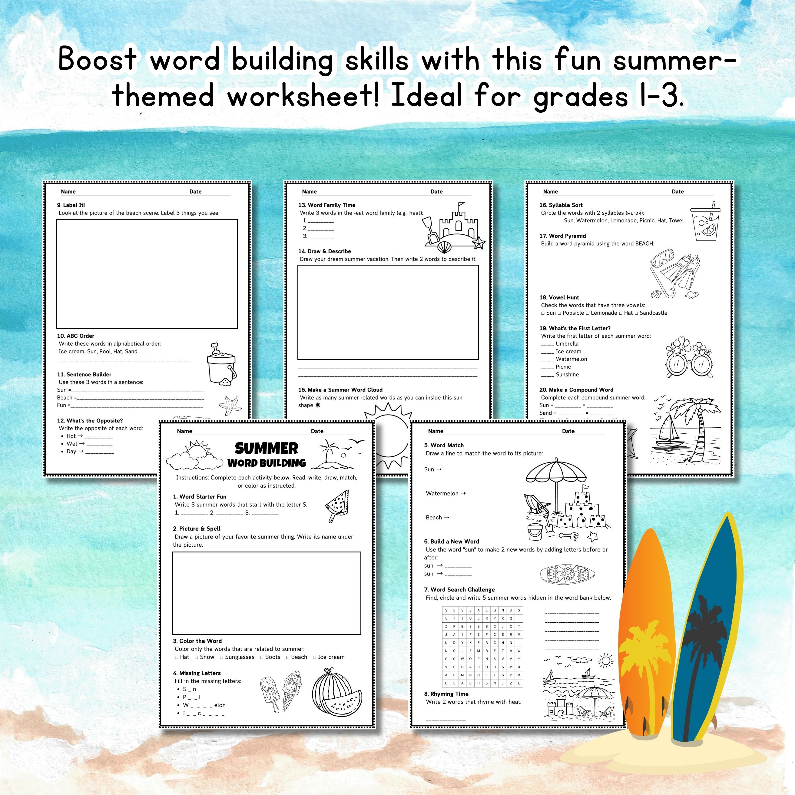 Summer Word Building Worksheet for Grades 1–3, Writing Worksheet ...