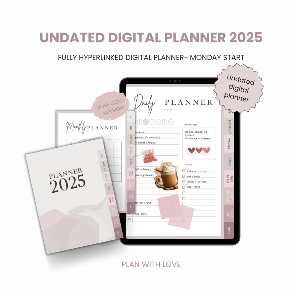Digital planner 2025 rose gold, Goodnotes, Notability, Hyperlinked ...