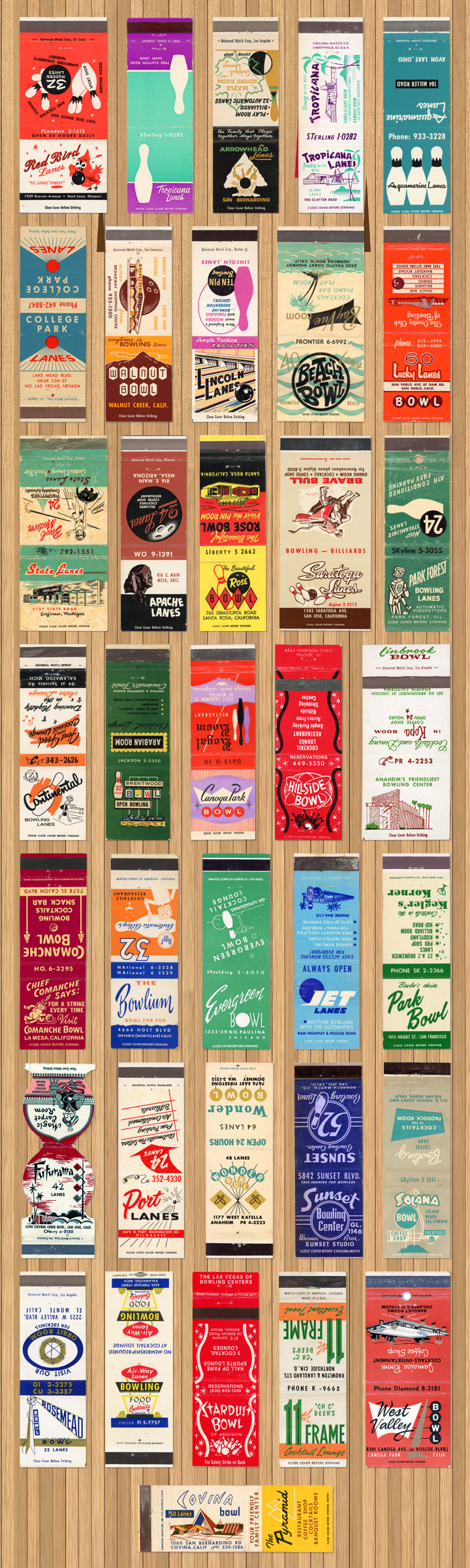 Vintage Mid-Century Bowling Matchbook Collection
