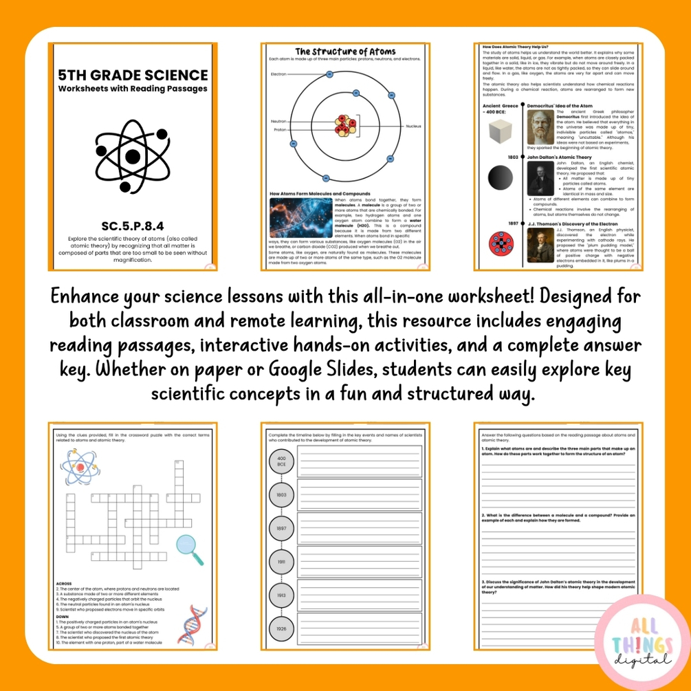 The Atomic Theory SC.5.P.8.4 5th Grade Physical Science Activity ...