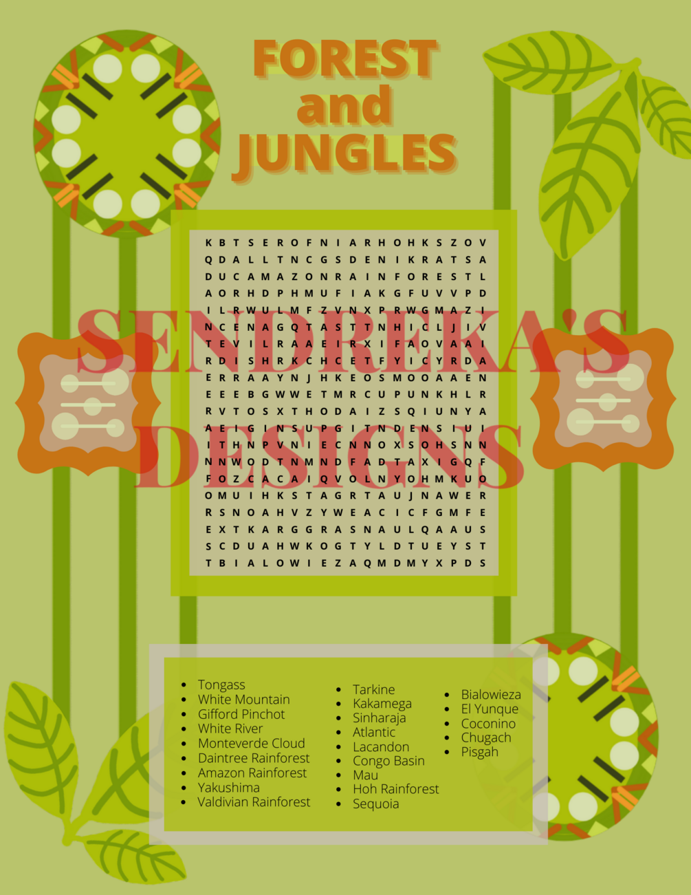 PDF Word Search Puzzle with Forest and Jungles Theme