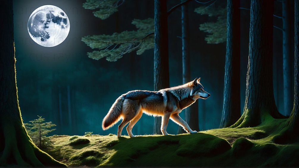 Moonlit Wolf Forest Scene