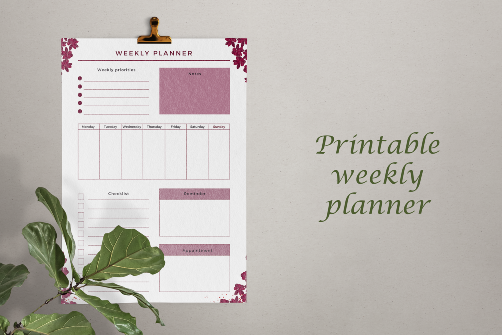 Printable Minimalist Red Pink Floral Watercolor Weekly Planner