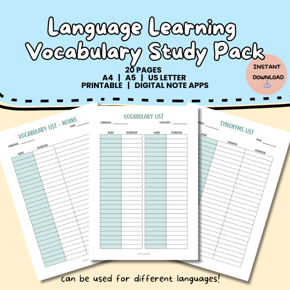 Language Learning Printables Vocabulary List Bundle Worksheet Study ...