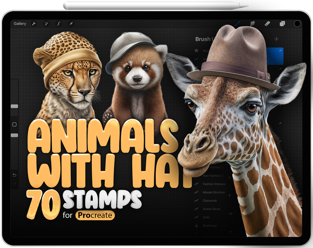70 Procreate Animals with Hat Stamp Brushes Collection