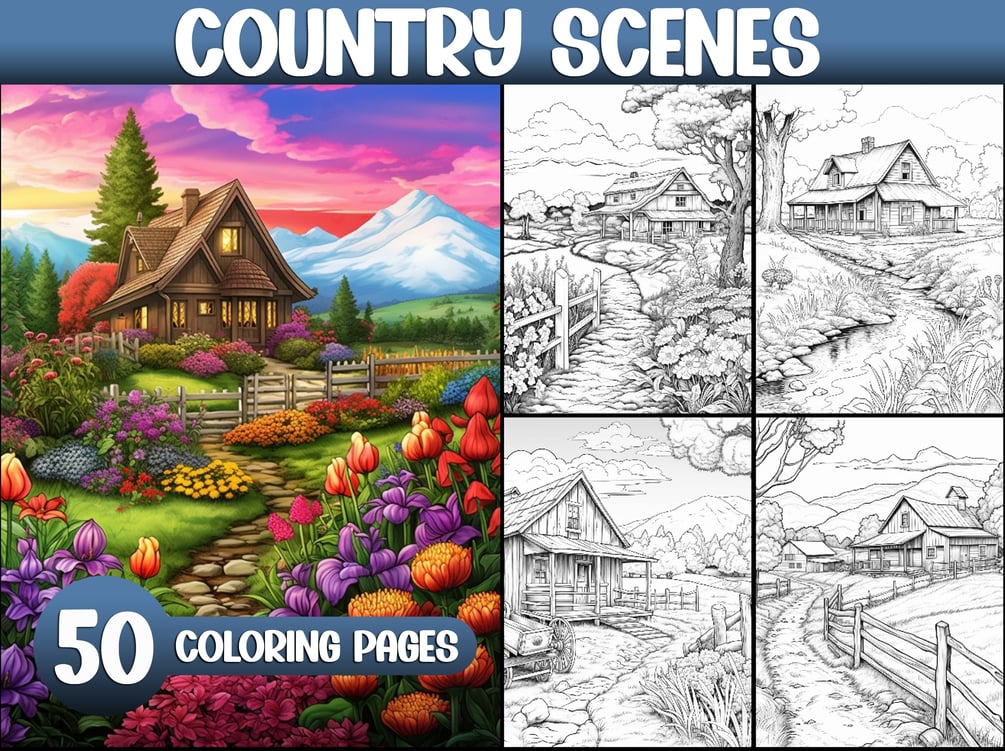 Country Scenes Grayscale Coloring Pages Printable for Adults, PDF File ...