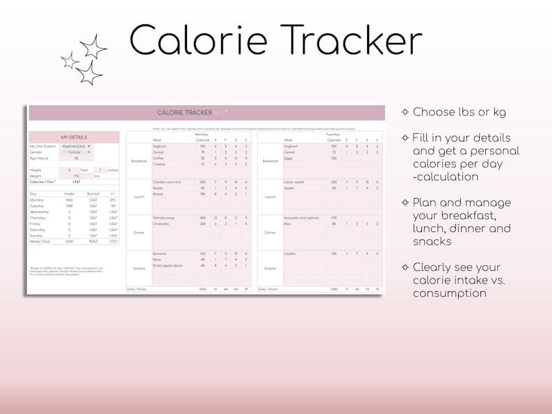 Weight Loss & Fitness Tracker | Google Sheets | Calorie Tracker | Meal ...