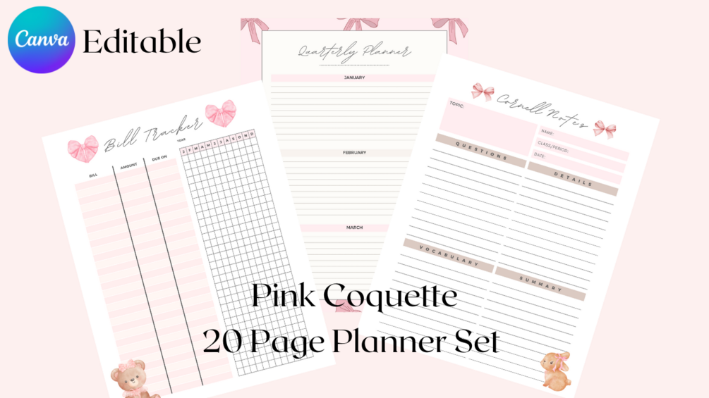 20 Page Pink Coquette Planner Printable - Completely Editable in Canva