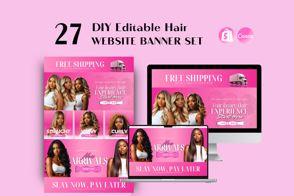 DIY Pink Hair Website Banner Kit Shopify Hair Extension or Wig Boutique ...