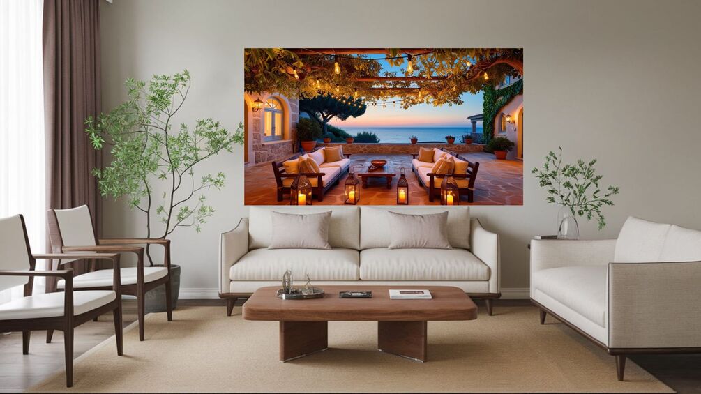 "Rustic Coastal Retreat at Sunset – Serene Patio Wallpaper"