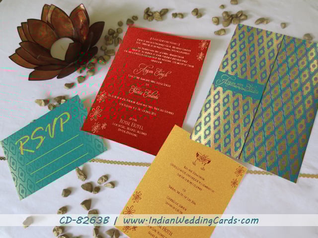 Strong Cyan Shimmery Screen Printed Wedding Invitation