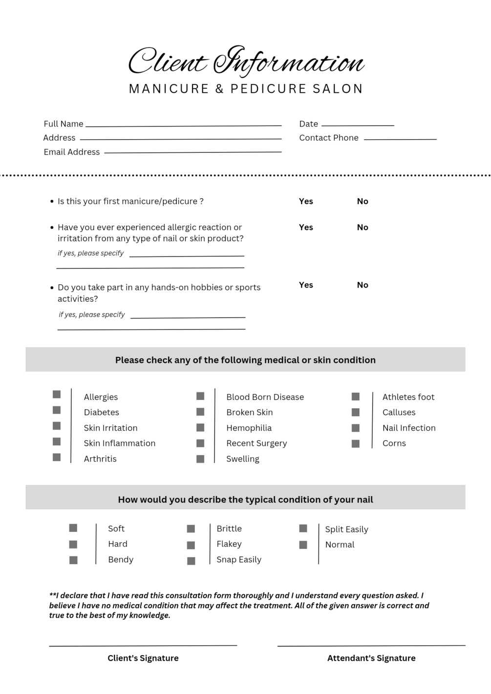 Simple nail salon client information form