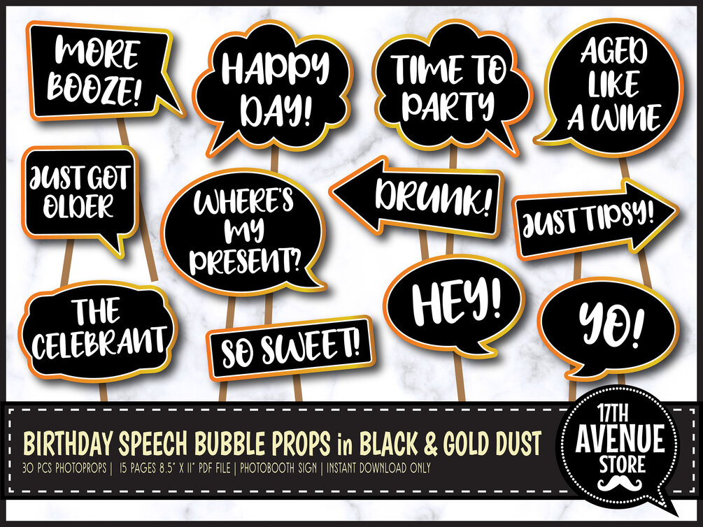 Birthday Speech Bubble Props in Black and Gold Dust