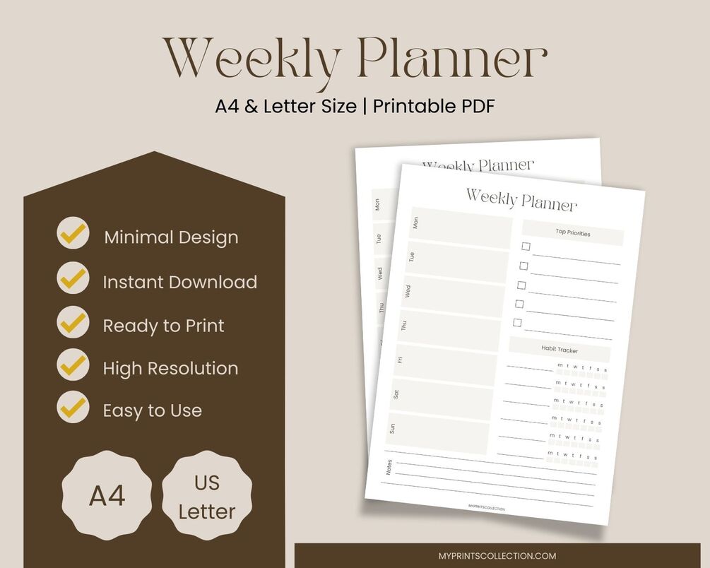 Weekly Planner Printable | A4/Letter Size | Vertical Minimalist Daily ...