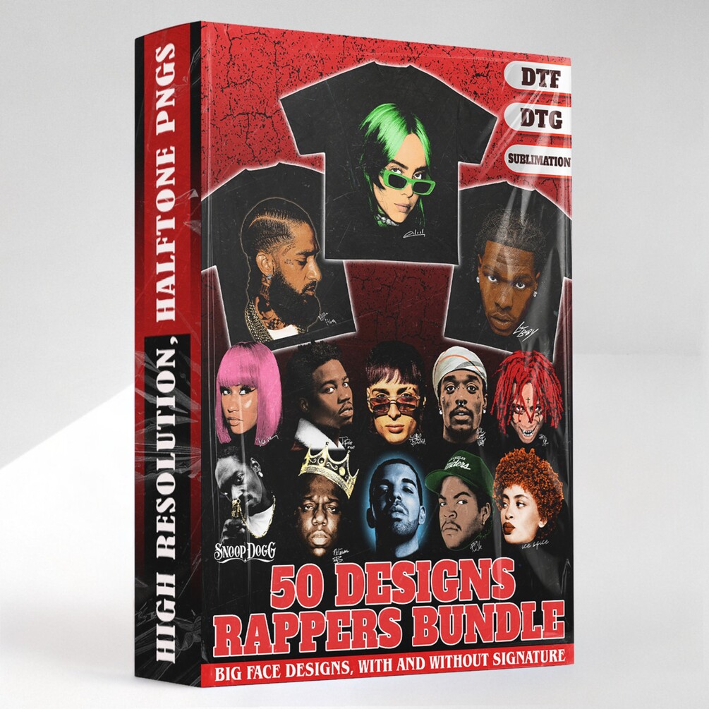 50 Rappers Big Face Head Tee Designs Bundle, Vintage Designs Hip Hop ...