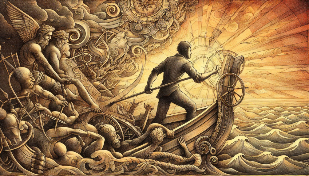 Mythical Adventure: Detailed Artwork of a Hero's Voyage