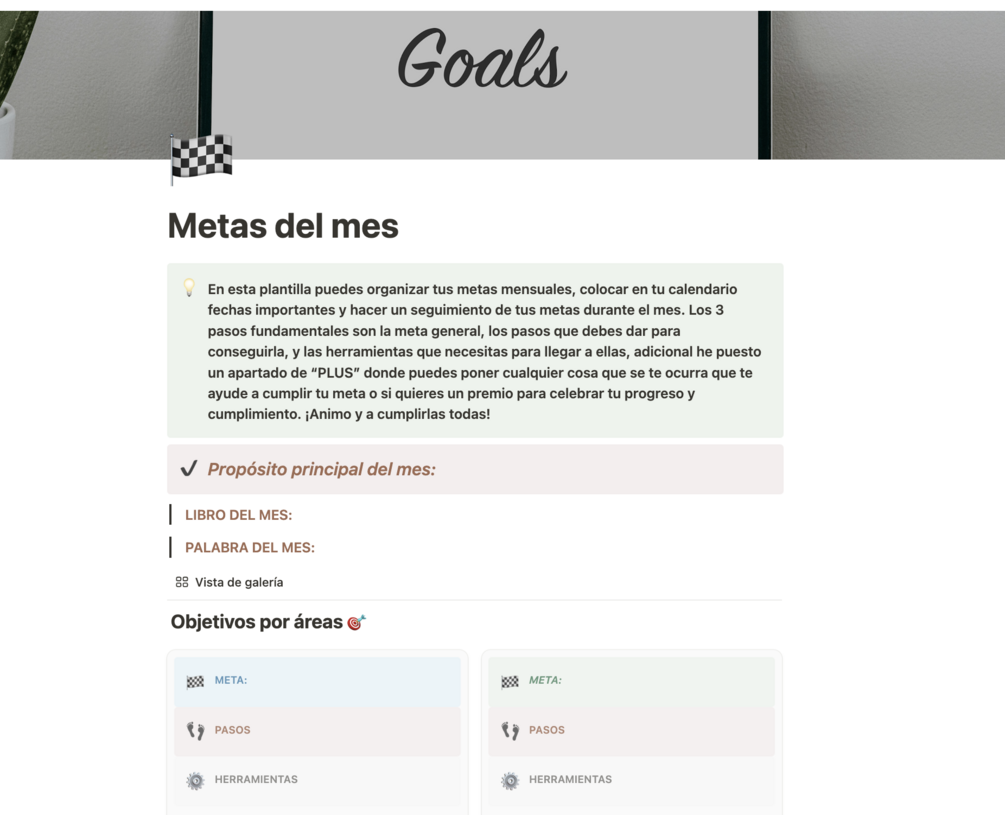 Planificación de metas mensuales Notion