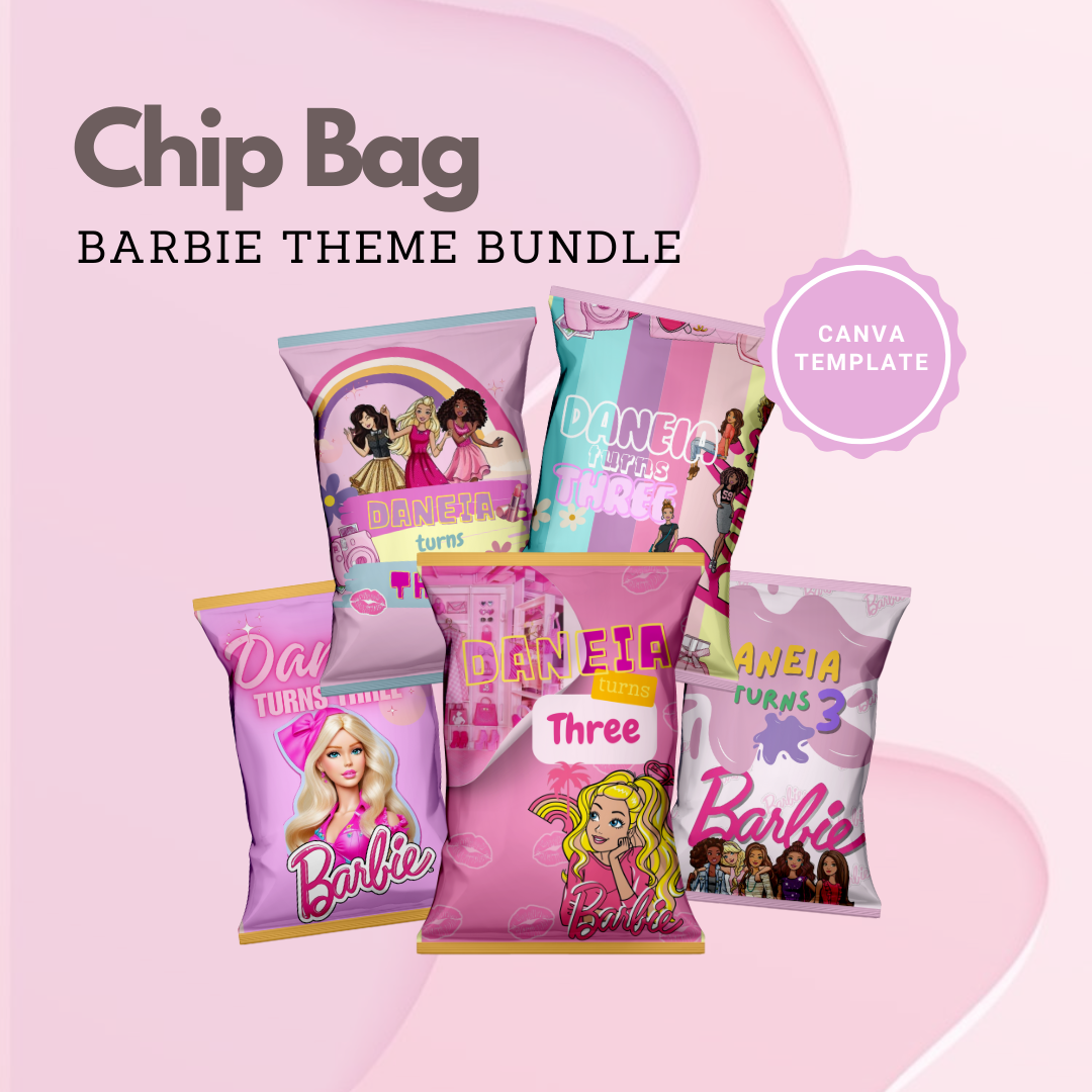 Chip Bag Barbie Theme editable in Canva Template