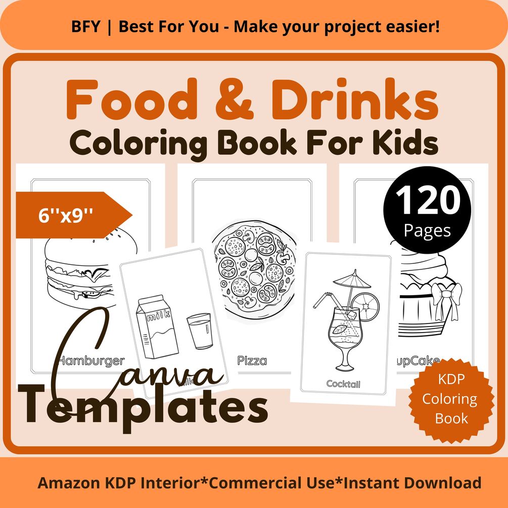 Food & Drinks Coloring Pages For Kids | Amazon KDP Interiors 6''x9 ...