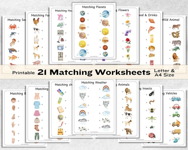 Engaging Printable Matching Worksheets for Preschool Kindergarten Fun ...