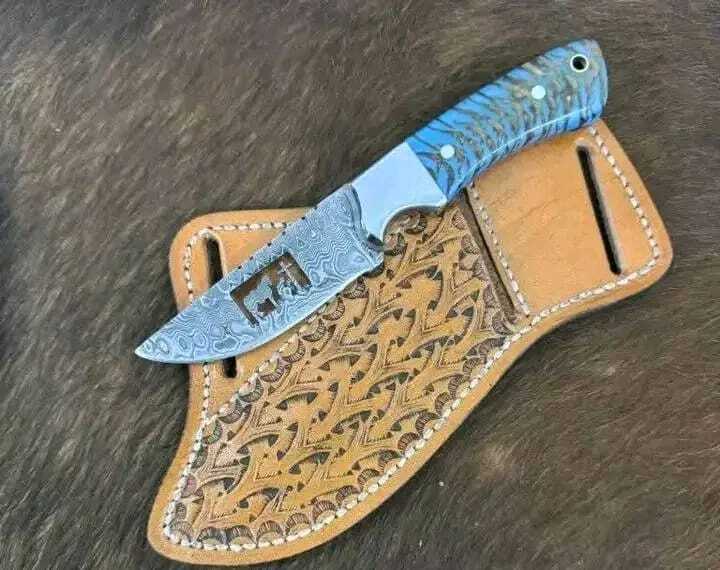 Handmade Custom Cowboy Knife – Damascus Steel with Leather Sheath