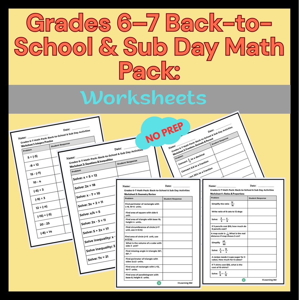 Grades 6–7 Back-to-School & Sub Day Math Pack