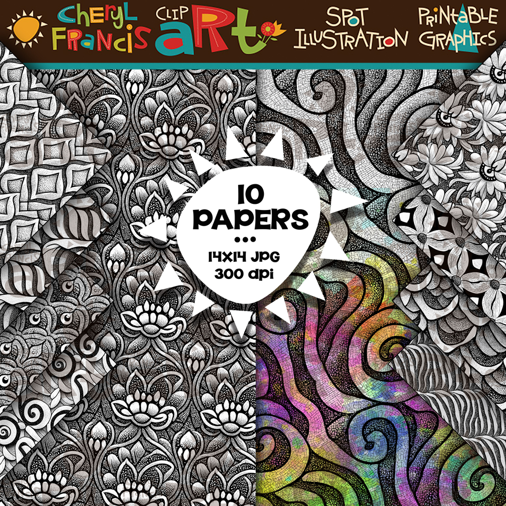 10 Scratchboard Style Sketchy Coloring Papers 1.7