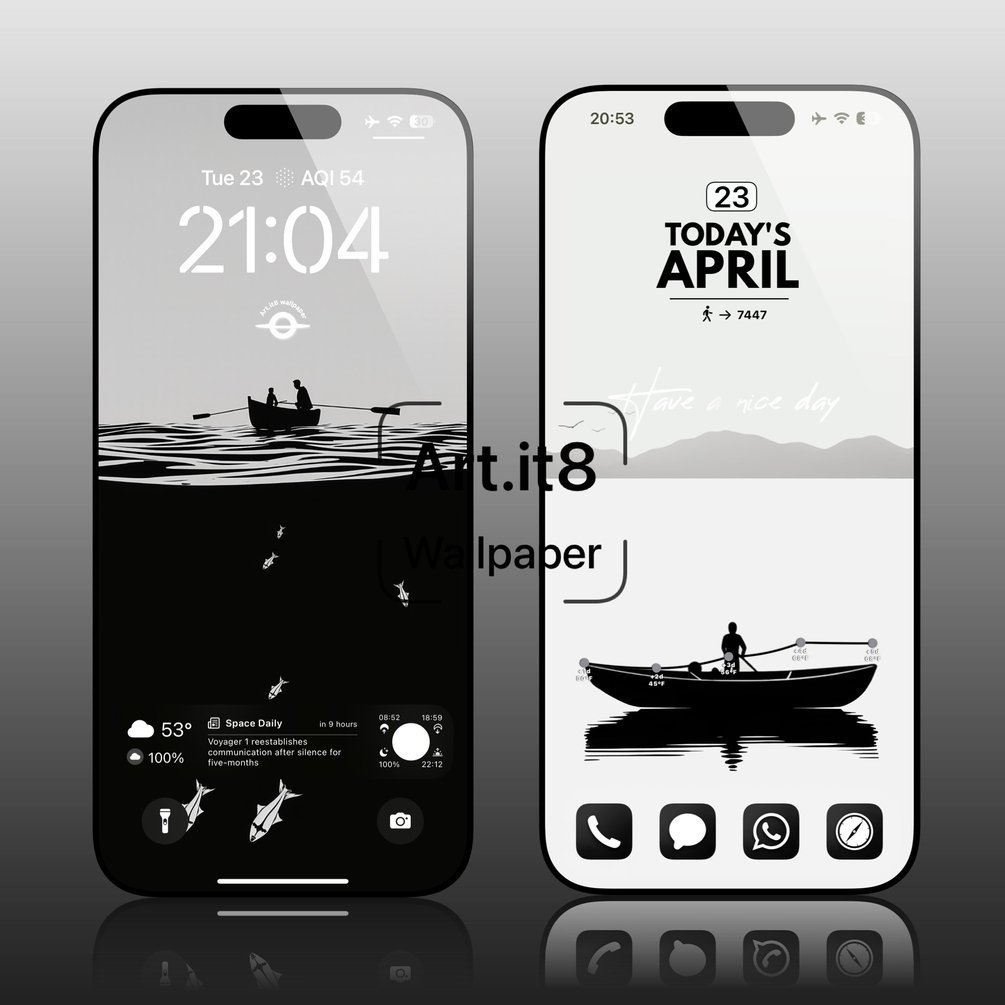 iPhone black and white wallpaper hides dock icon widget