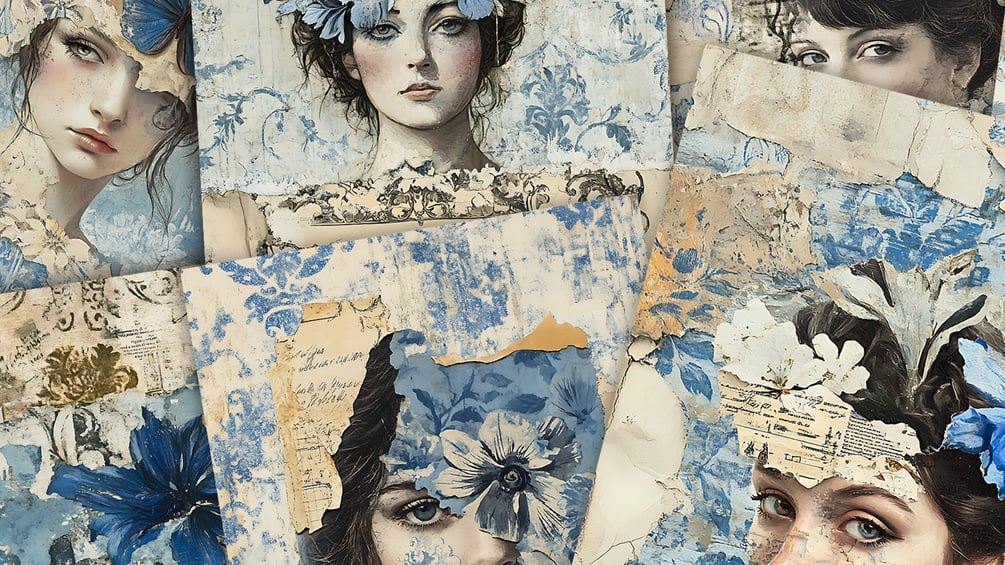 18 pc Portrait Blue on Cream Torn Ephemera Collage Printable Junk ...