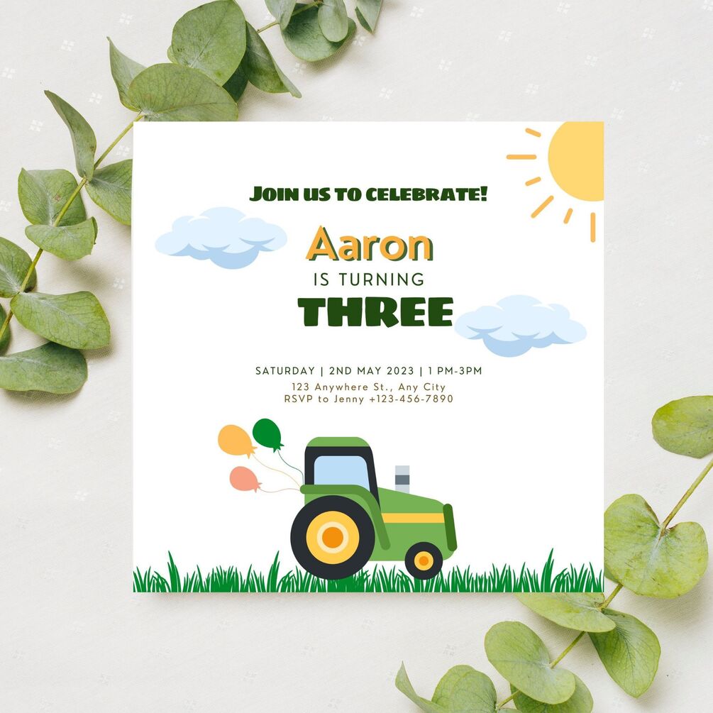 Editable Tractor Birthday Invitation