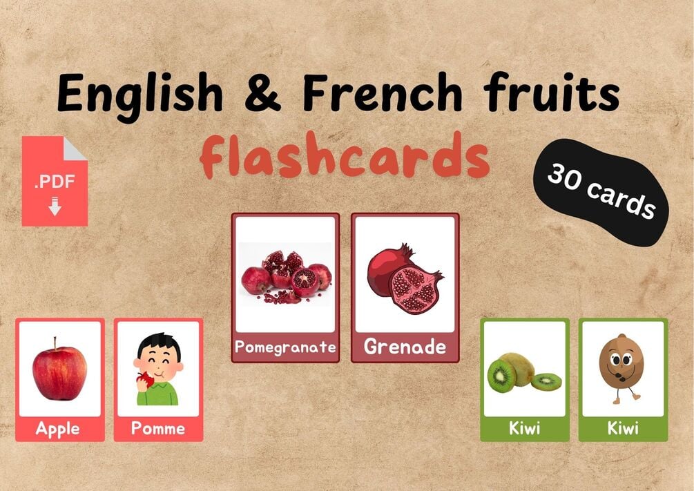 English & French fruits-FUN Learning Flashcards for kids.