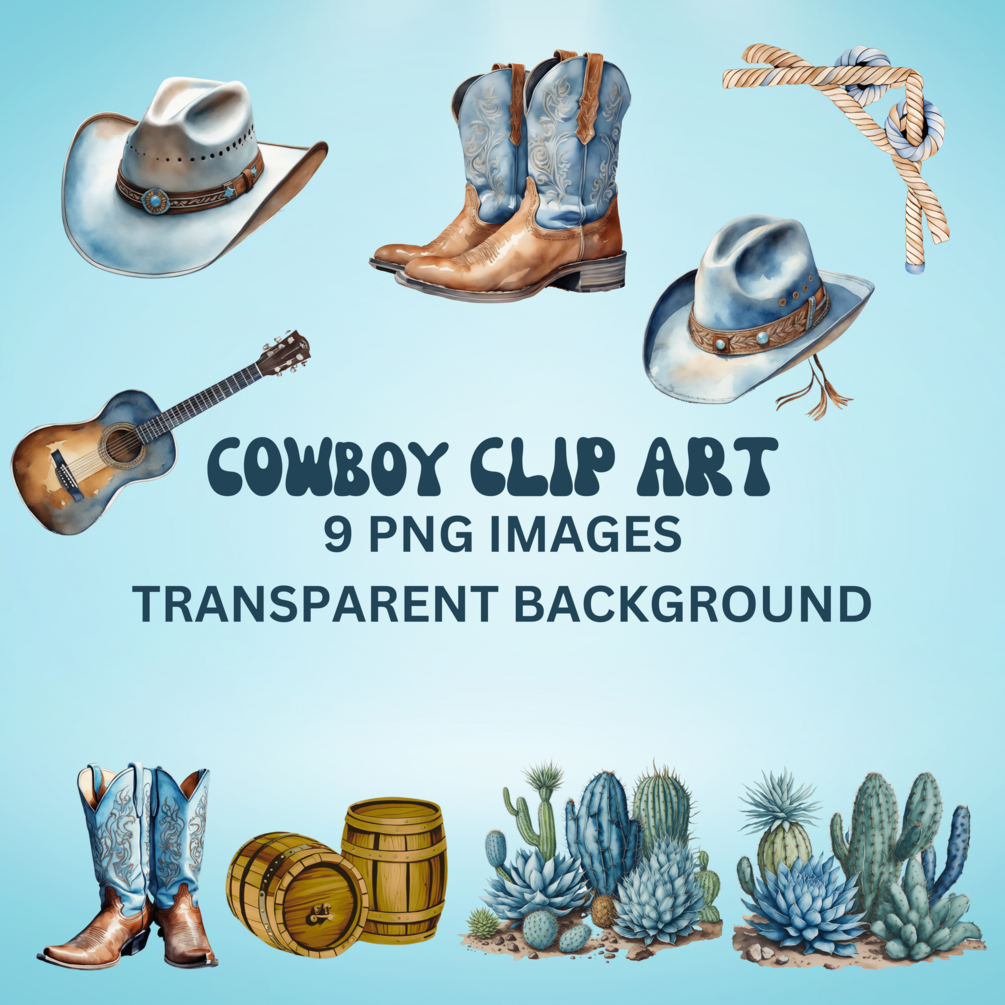 Blue Watercolor Cowboy Clip Art Bundle