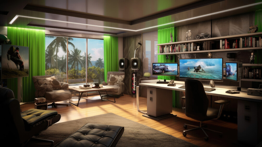 Beautiful green gamer room - 2 images