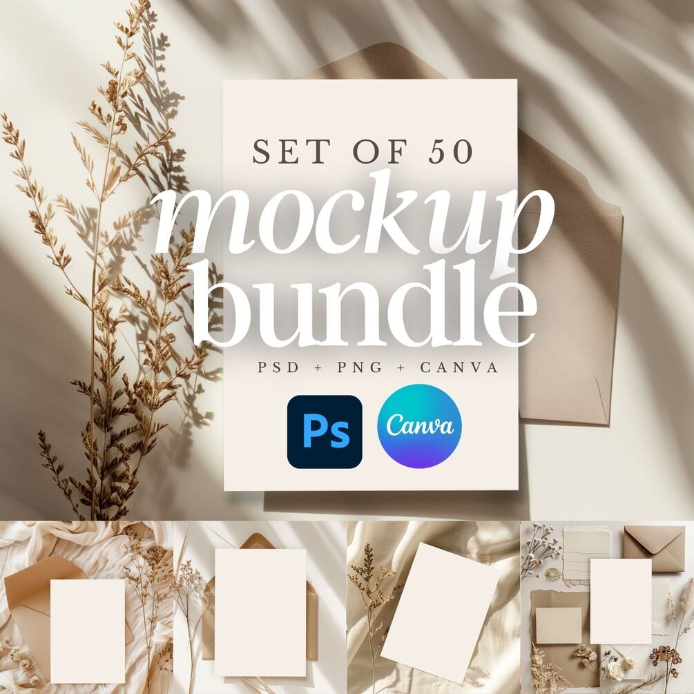 50+ Boho minimal neutral Mockup Bundle 5x7 Art Card Invitations canva ...