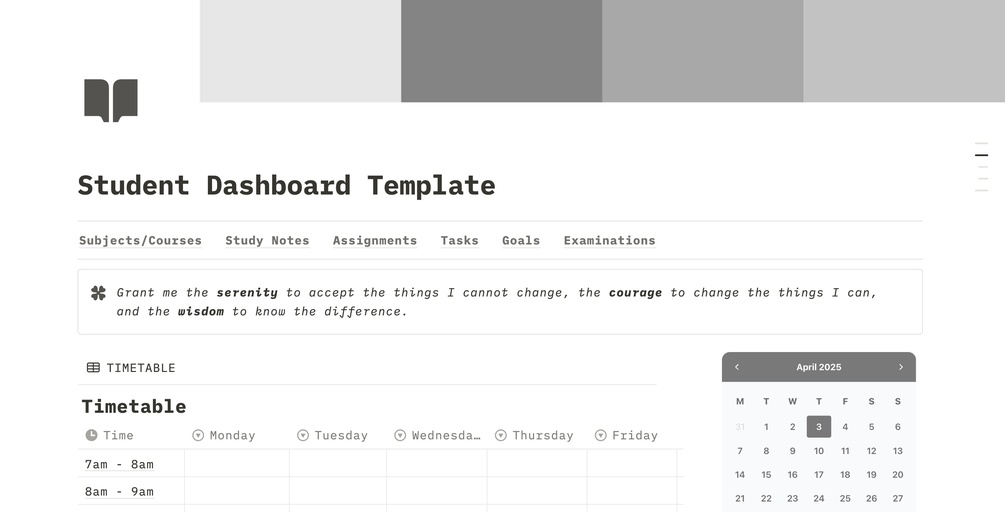 Notion Minimal Student Dashboard Template