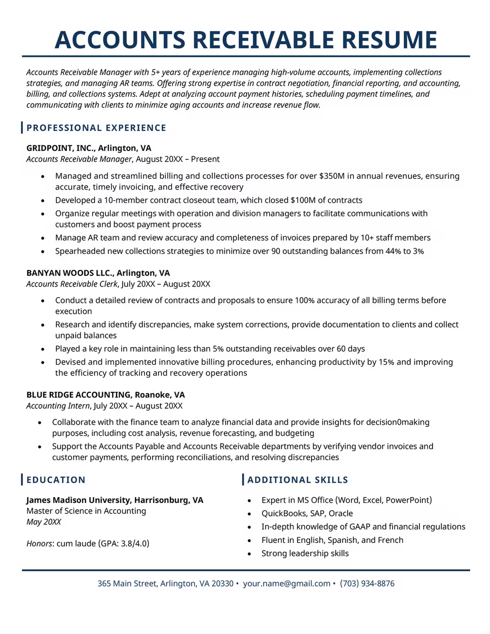 Accounts Receivable Manager Resume Template | Expert AR | Editable in Word