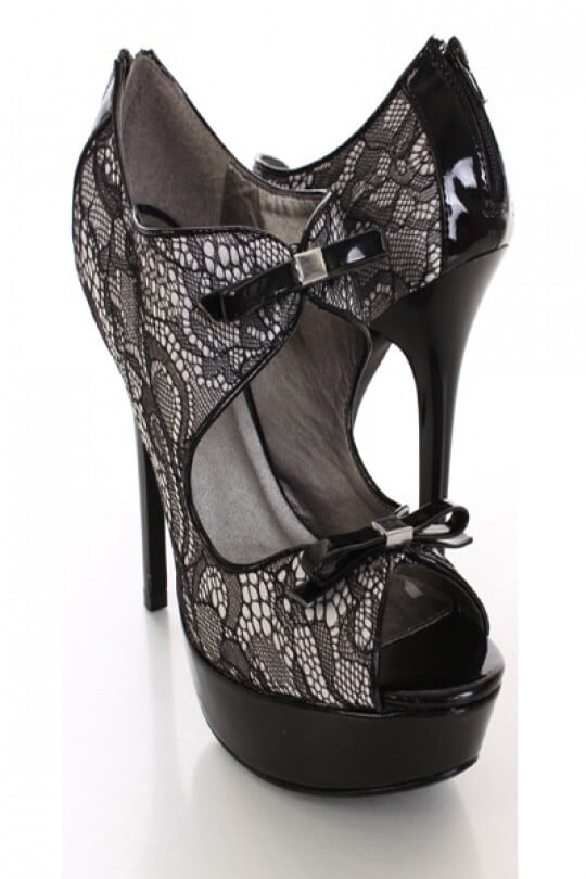 Silver Mesh Lace Bow Bootie Platform Heels