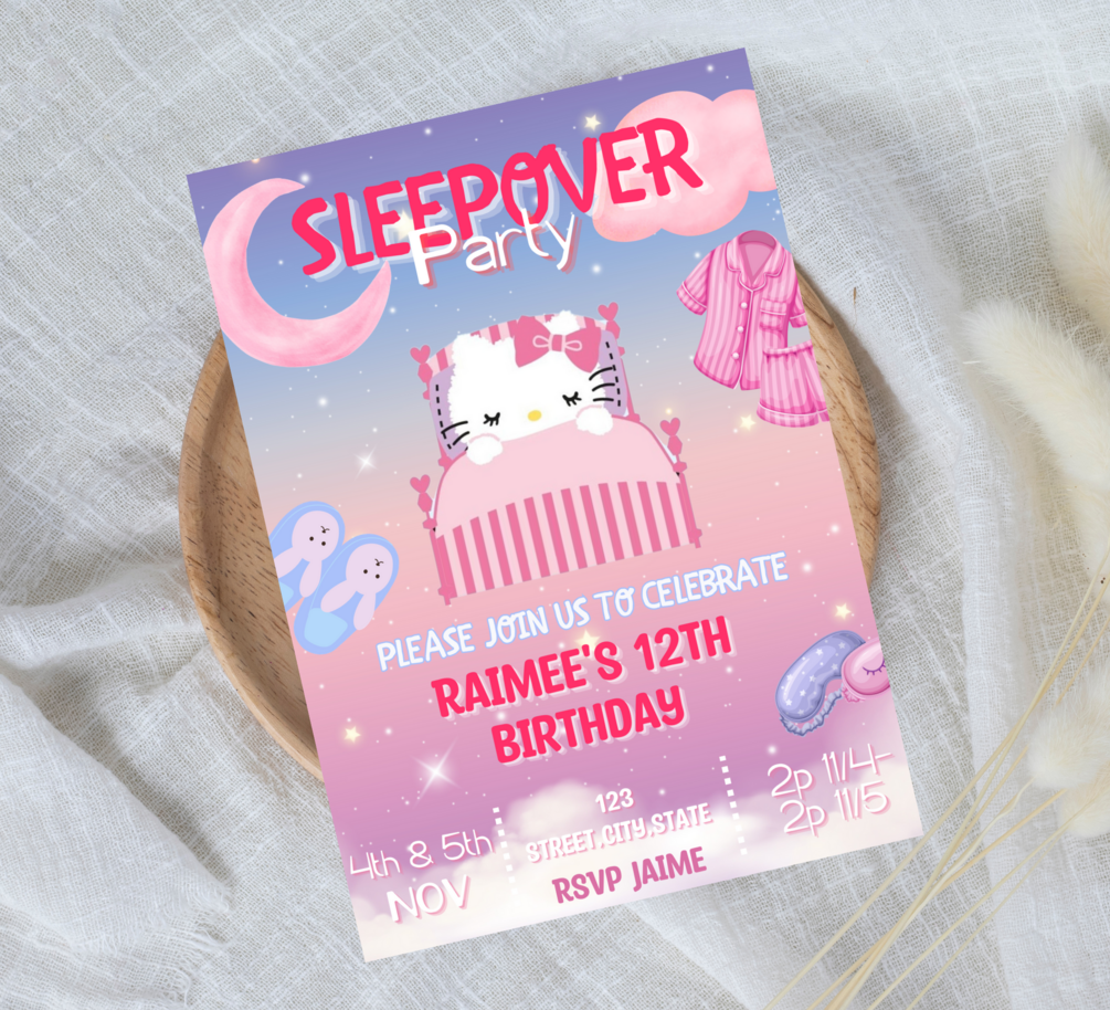 "Hello Kitty Pink Sleepover Birthday Invitation | Cute & Customizable ...