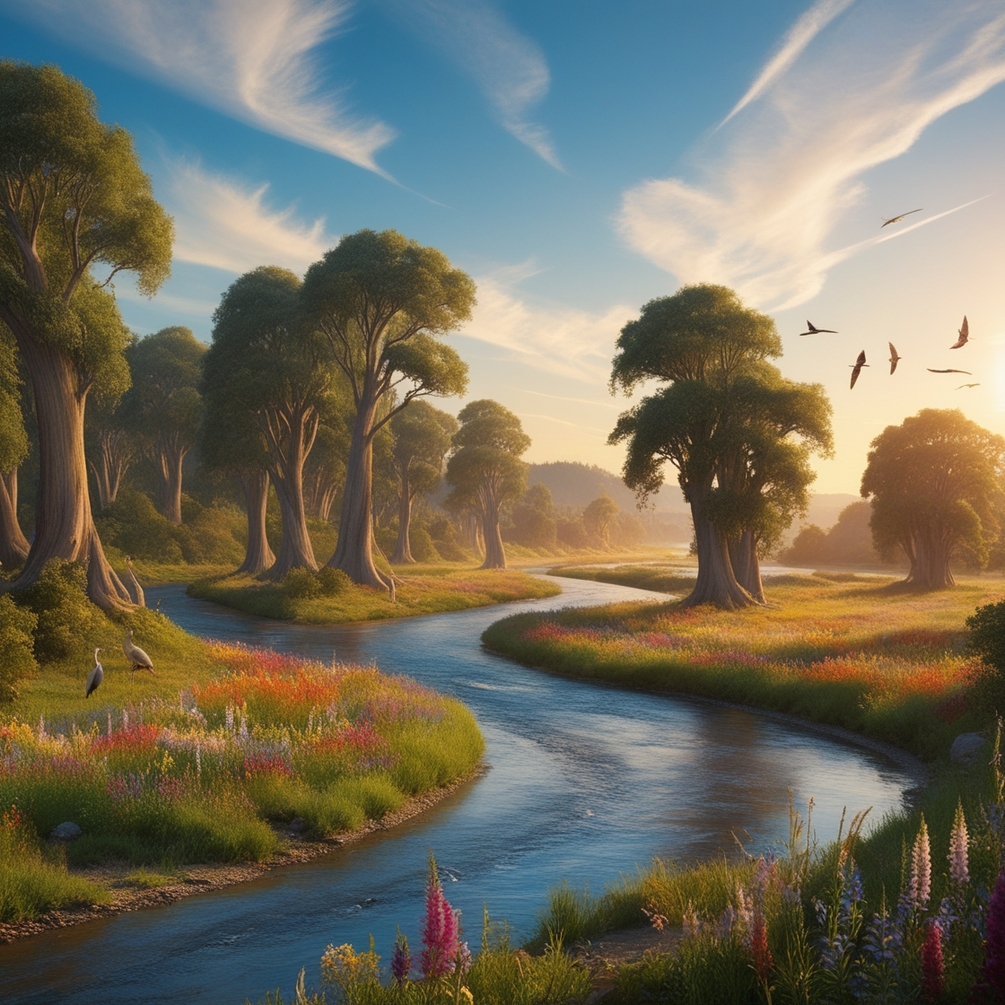 A natural picture containing rivers, rare birds, wonderful trees, and ...