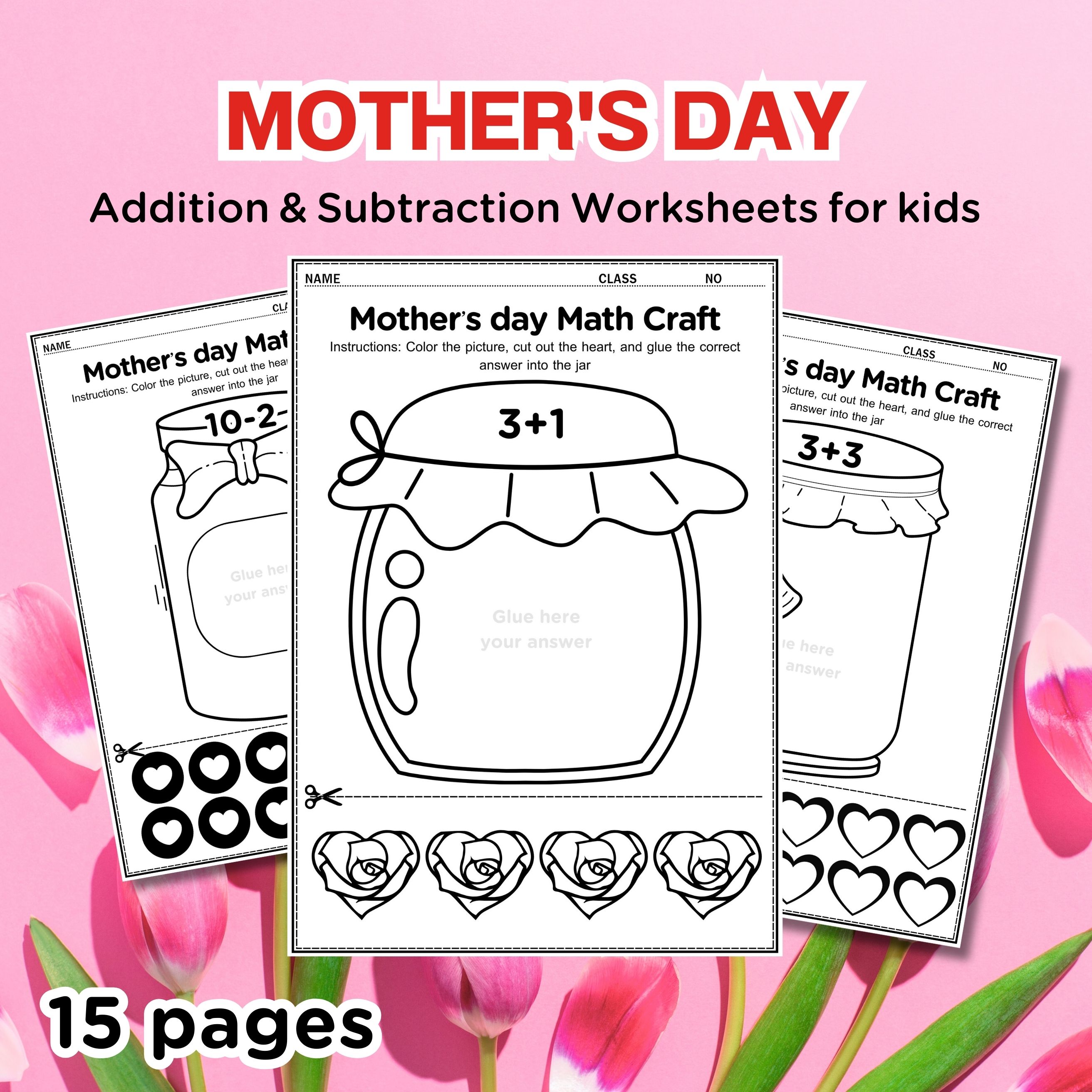 Mother's Day Math Craft, Addition & Subtraction Worksheets for Kindergarten